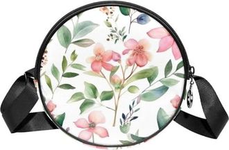 Generic Petit sac &agrave; bandouli&egrave;re circulaire pour femme, motif feuilles florales, sac &agrave; dos avec fermeture &eacute;clair, bretelles r&eacute;glables, sac &agrave; main rond d&eacute;contra