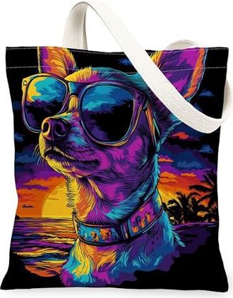 Generic Sac fourre-tout d&eacute;t&eacute; en toile motif chihuahua pour le shopping 33 x 38 cm, sac d&eacute;picerie r&eacute;utilisable pour femme, peinture esth&eacute;tique, d&eacute;coration cade
