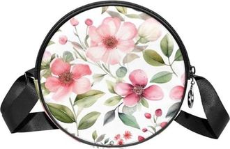 Generic Petit sac &agrave; bandouli&egrave;re circulaire pour femme, motif feuilles florales, sac &agrave; dos avec fermeture &eacute;clair, bretelles r&eacute;glables, sac &agrave; main rond d&eacute;contra