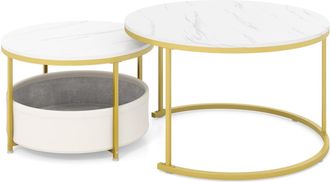 Giantex Couchtisch 2er Set Marmor Gold, Satztische Beistelltische Stapelbar, Couchtisch Nesting mit Stauraum, Runder Wohnzimmertisch Holz mit Metallrahmen, Ka