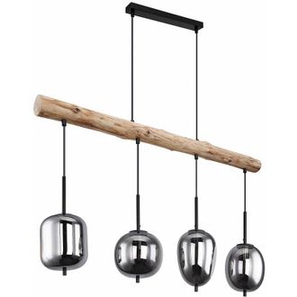 ETC Shop H&auml;ngelampe Holzlampe 4 flammig Glasschirm rauchfarben Pendelleuchte H&auml;ngeleuchte Wohnzimmerlampe, Metall Glas, schwarz natur, 4x E14 Fassungen, LxBxH