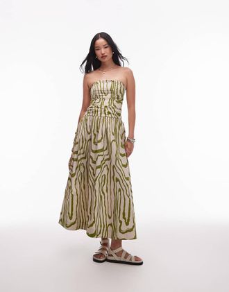 Topshop Robe bandeau mi-longue fronc&eacute;e &agrave; rayures-Multicolore