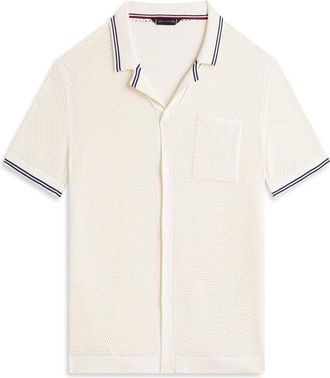 Tommy Hilfiger Perforiertes Kurzarm-Strick-Hemd mit Label-F&auml;hnchen und Brusttasche in