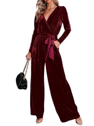 Minetom Combinaison Femme Chic Col V Velours Jumpsuit Une Pi&egrave;ce Tenue Manches Longues Soir&eacute;e F&ecirc;te Overall avec Ceinture A Rouge XXL