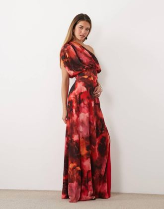 Tfnc robe longue en mousseline &agrave; une &eacute;paule drap&eacute;e imprim&eacute; floral rouge-Multi