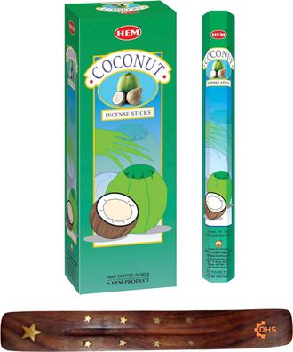 DHS Hem Räucherstäbchen Kokosnuss 6er Pack mit DHS Räucherstäbchenhalter für Aromatherapie, Räucherstäbchen Spa, Yoga, Meditation, Heilung, Spiritualität 