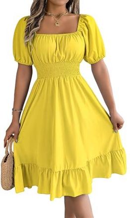 Generic Robe d&eacute;t&eacute; d&eacute;contract&eacute;e &agrave; manches bouffantes avec col carr&eacute;, manches courtes, taille ajust&eacute;e, ourlet &agrave; volants, robe d&eacute;t&eacute; midi trap&egrave;ze, jaune, XL