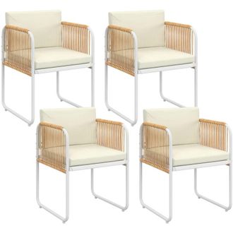 IDMarket Lot de 4 chaises RIO structure m&eacute;tal blanc, cordage effet rotin clair et coussins beiges