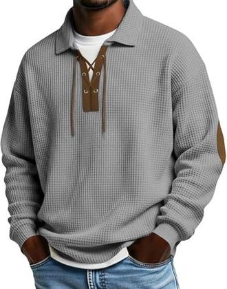 Generic DENGJIAMY Sweats gaufrés pour hommes, tendance, décontracté, à lacets, col en V, tendance, uni, chemise dautomne à manches longues pour hommes, vêteme