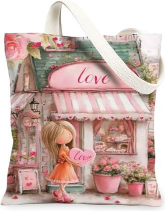 Generic Sacs fourre-tout en toile motif coeur mignon, sacs &agrave; provisions r&eacute;utilisables, vintage l&eacute;gers et lavables avec bandouli&egrave;re en toile, p&ecirc;che, 13x15 Inch