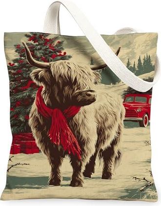 Generic Sacs fourre-tout en toile de vache des Highlands dhiver, motif animal rustique, sacs d&eacute;picerie r&eacute;utilisables, vintage l&eacute;gers et lavables en toile pour