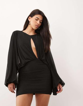 Asos Mesh-Minikleid mit Blouson&auml;rmeln und Cut-out in Schwarz