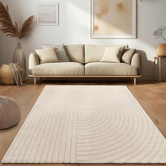 Paco Home Paco Home - Tapis De Salon Scandinave Court Japandi Boho Motif Arc-en-ciel 3D Uni Cr&egrave;me 160x220 cm