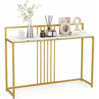 Costway Table Console, Console Meuble Entrée en Faux Marbre, Design Géométrique Moderne, Cadre en Métal Doré, Kit Anti-Basculement Inclus, pour Entrée
