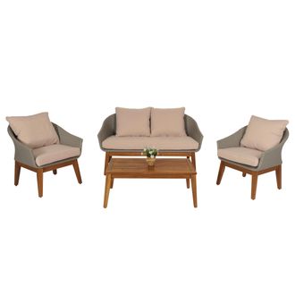 Mendler Gartengarnitur HWC-N37, Garten-/Lounge-Set Sofa Sitzgruppe, Poly-Rattan Holz Akazie - grau, Kissen beige