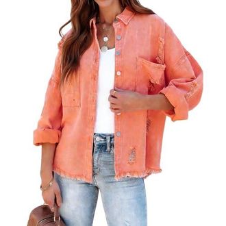 Generic Veste boyfriend en jean pour femme avec trous d&eacute;chir&eacute;s et ourlet brut effiloch&eacute; - Veste en jean d&eacute;contract&eacute;e surdimensionn&eacute;e, Orange, XL
