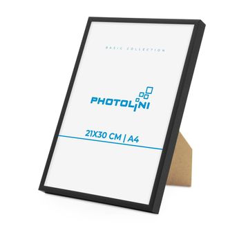 Photolini Alu-Bilderrahmen A4 21x30 cm Schwarz schmal, Metall-Rahmen aus Aluminium, bruchsicheres Acrylglas, zum Aufh&auml;ngen & Aufstellen, extra Zubeh&ouml;r, modernes
