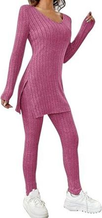 Generic Ensemble Deux pièces pour Femmes, t-Shirt à Manches Longues, col en V, Ourlet Fendu, Pantalon Taille Haute, survêtement, 2024 (XXL)