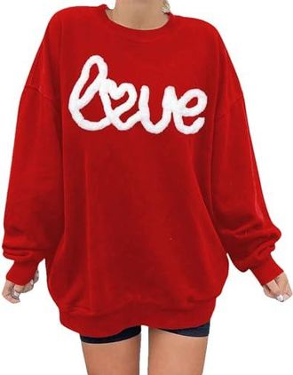 Generic Pull de Saint-Valentin pour femme - Pull en tricot surdimensionn&eacute; &eacute;l&eacute;gant avec imprim&eacute; coeur - Pull romantique - Pull &agrave; manches longues - Pull de Sain