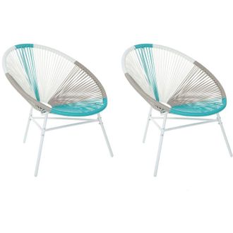 Beliani Set 2 Chaises Fauteuils Spaghetti en Rotin Bleu Blanc et Acier Design Tendance pour Chambre Salon Terrasse ou Jardin Moderne et Industriel Beliani