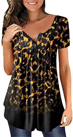 ORANDESIGNE Shirt Femme Fleurs Col en V été Casual Ample Grande Taille Manche Longue Tuniques Blouse Longue Chemisie Henri Hauts à Manches Courtes Tops Tee Shirt 
