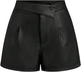 SOLY HUX Short court &eacute;l&eacute;gant pour femme avec poches, large, en cuir synth&eacute;tique, taille haute, pour clubwear, f&ecirc;te, festival, Noir, XS