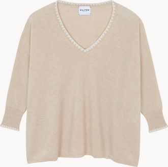 Kujten Pull cachemire col v oversize piqure contrast&eacute;e - Pull Aminie