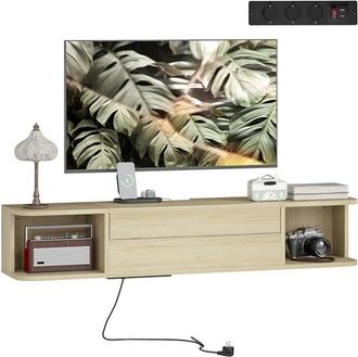 HOMCOM Meuble TV Suspendu 120 cm, Meuble t&eacute;l&eacute; pour t&eacute;l&eacute;viseur jusqu&agrave; 50 Pouces, Prises &eacute;lectriques, Ports USB et Type-C, tiroir, &eacute;tag&egrave;res, Passe-c&acirc;bles, Banc