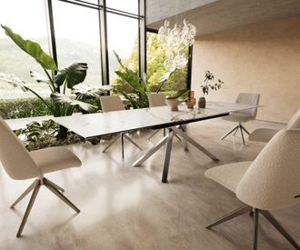 DELIFE Esstisch Edge 200-300x100 Keramik Calacatta Luxe Wei&szlig;-Gold-Grau Kreuzgestell Rechteck Edelstahl ausziehbar, Esstische