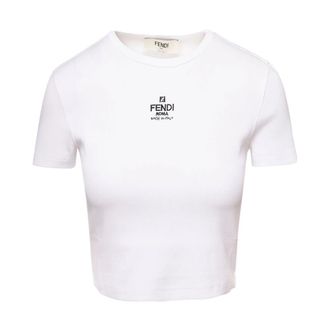 Fendi Geripptes Crop-T-Shirt mit Logo-Stickerei - - Tops - Damen - Wei&szlig; - L