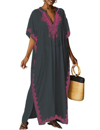 Bsubseach Kaftankleider f&uuml;r Frauen Badeanzug Coverup Plus Size Strand Kaftan Cover Ups f&uuml;r Bademode Stickerei Grau