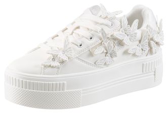 Buffalo Plateausneaker BUFFALO, Damen, Gr. 37, wei&szlig;, creme, Lederimitat, Glitzer, bestickt, Schuhe Plateausneaker, Freizeitschuh, Halbschuh, Schn&uuml;rschuh mit S