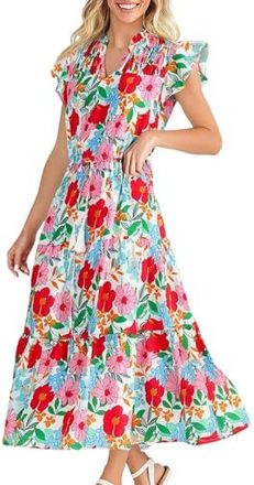 Generic Robe d&eacute;t&eacute; 2026 boh&egrave;me pour femme, robe florale &agrave; volants et col en V, manches volant&eacute;es, robe midi fluide &agrave; volants avec poches, rose vif, XXL