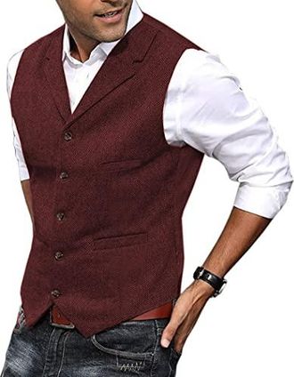 Solovedress Gilet de costume homme Vintage revers cranté Tweed La laine pour le mariage(Bourgogne, XXXL)