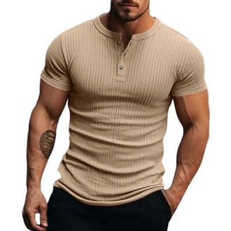 Generic Polo c&ocirc;tel&eacute; pour homme, coupe muscl&eacute;e, col en V, 1/4 bouton, polo &agrave; manches courtes, t-shirt Henley de couleur unie, coupe ajust&eacute;e, t-shirt daffaires 