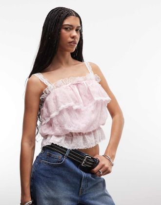 Daisy Street Top style boh&egrave;me en dentelle avec volants et d&eacute;tail noeud - Rose