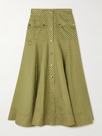 Zimmermann Luna Embellished Polka-dot Linen Midi Skirt - Green