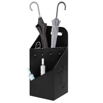 Woltu Regenschirmst&auml;nder 2 Slots, Schirmst&auml;nder Regenschirm, Regenschirmhalter mit Griff, 4 Haken, f&uuml;r Eingangsbereich, 20x49x20 cm, aus Metall, Schwarz, SS