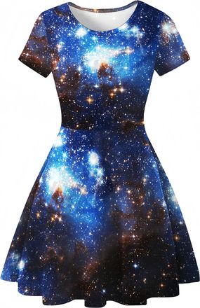 Ocean Plus Damen Casual Sternenhimmel Digitaldruck A-Linien Kurzarmkleid mit Rundhalsausschnitt Kurzärmliges Kleid Swingrock (XL (EU 38-40), Blaue Galaxie)