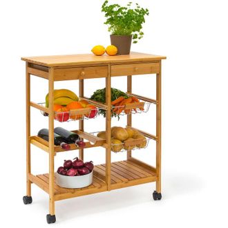 Relaxdays Desserte de cuisine james xxl, 2 tiroirs, roulettes, 3 corbeilles, h x l x p : env. 80 x 67 x 37 cm, nature - Relaxdays