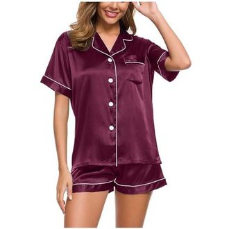 Generic Ensemble de pyjama pour femme en satin de soie pour femme - Ensemble de pyjama en satin de soie - Ensemble de pyjama &agrave; boutons - Ensemble de v&ecirc;tements