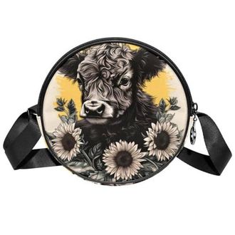 Generic Sac &agrave; bandouli&egrave;re rond pour femme, motif vache et tournesol avec fermeture &eacute;clair et bretelles r&eacute;glables