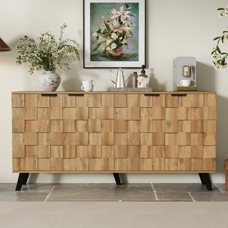 Generic LZPUOUI Sideboard Kommode 160,5 cm Holzfarbe Anrichte mit geometrischem Muster 4 T&uuml;ren D&auml;mpfungsscharnieren schwarzen Griffen in Spanplatte Schrank f&uuml;