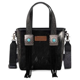 Montana West Wrangler Sac fourre-tout en cuir de vache pour femme Motif grav&eacute; Western avec franges en cuir, Noir occidental, Large
