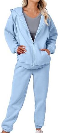 Generic Survêtement 2 pièces pour femme avec fermeture éclair de couleur unie à capuche et pantalon de survêtement - Coupe ample - Survêtement de sport tendan