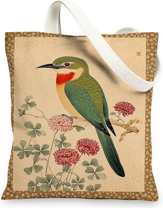 Generic Sac fourre-tout en toile motif oiseau - Réutilisables - Légers et lavables - Motif floral - Respectueux de lenvironnement, vert, 13x15 Inch