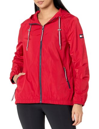 Tommy Hilfiger Damen Lightweight Everyday Weather Resistant Windbreaker, Rot/Ausflug, einfarbig (Getaway Solids), L