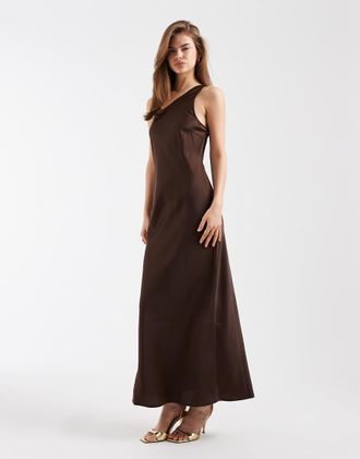 Object Robe longue asym&eacute;trique en satin - Marron