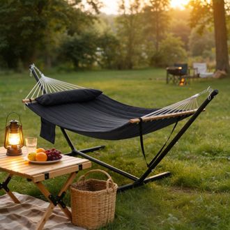 Woltu H&auml;ngematte Doppelh&auml;ngematte mit Gestell Seitentasche Kissen, H&auml;ngeliege belastbar bis 250 kg, f&uuml;r 2 Personen, f&uuml;r Garten Terrasse Balkon