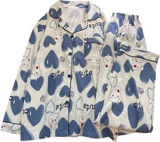 Minetom Ensembles de Pyjama Femme 2 Pi&egrave;ces Bouton V&ecirc;tements de Nuit L&eacute;ger Pyjama Set Manches Longues Col V Chemise et Pantalon A Bleu 2 S